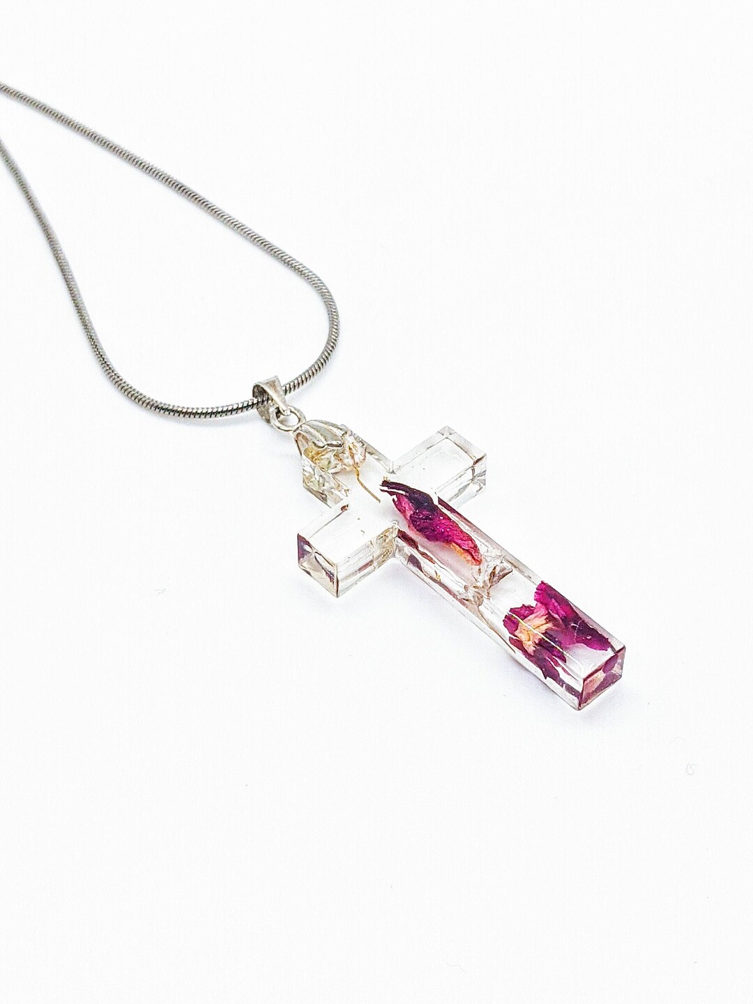 Rose Real Flower Cross Pendant Silver Necklace Resin Pressed - Etsy