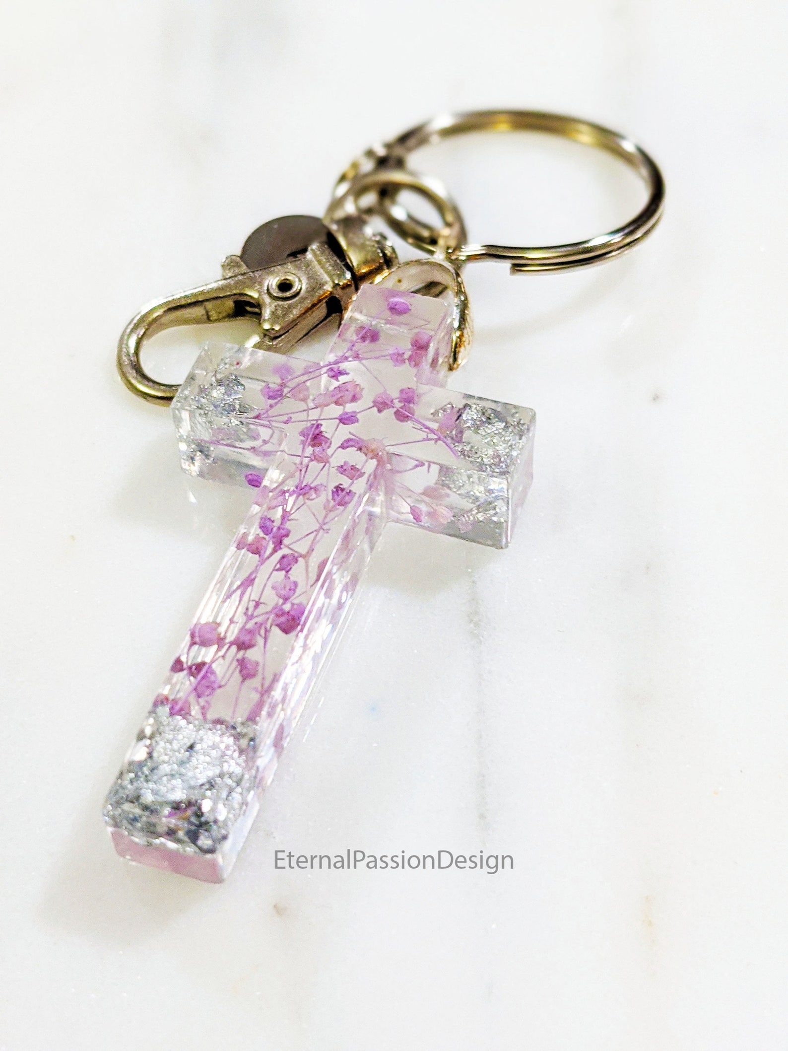 Purple Flower Resin Cross Keychain Personalized Gift Baptism | Etsy