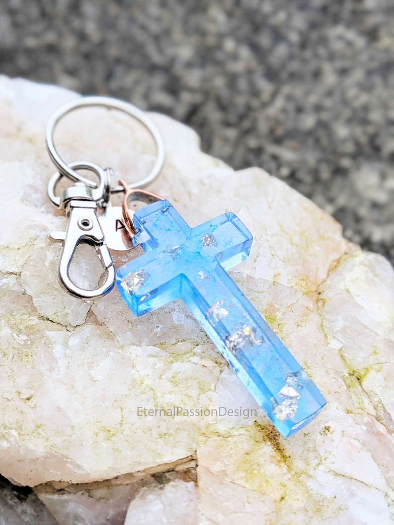 Resin Blue Gold Leaf Custom Initial Cross Keychain | Etsy