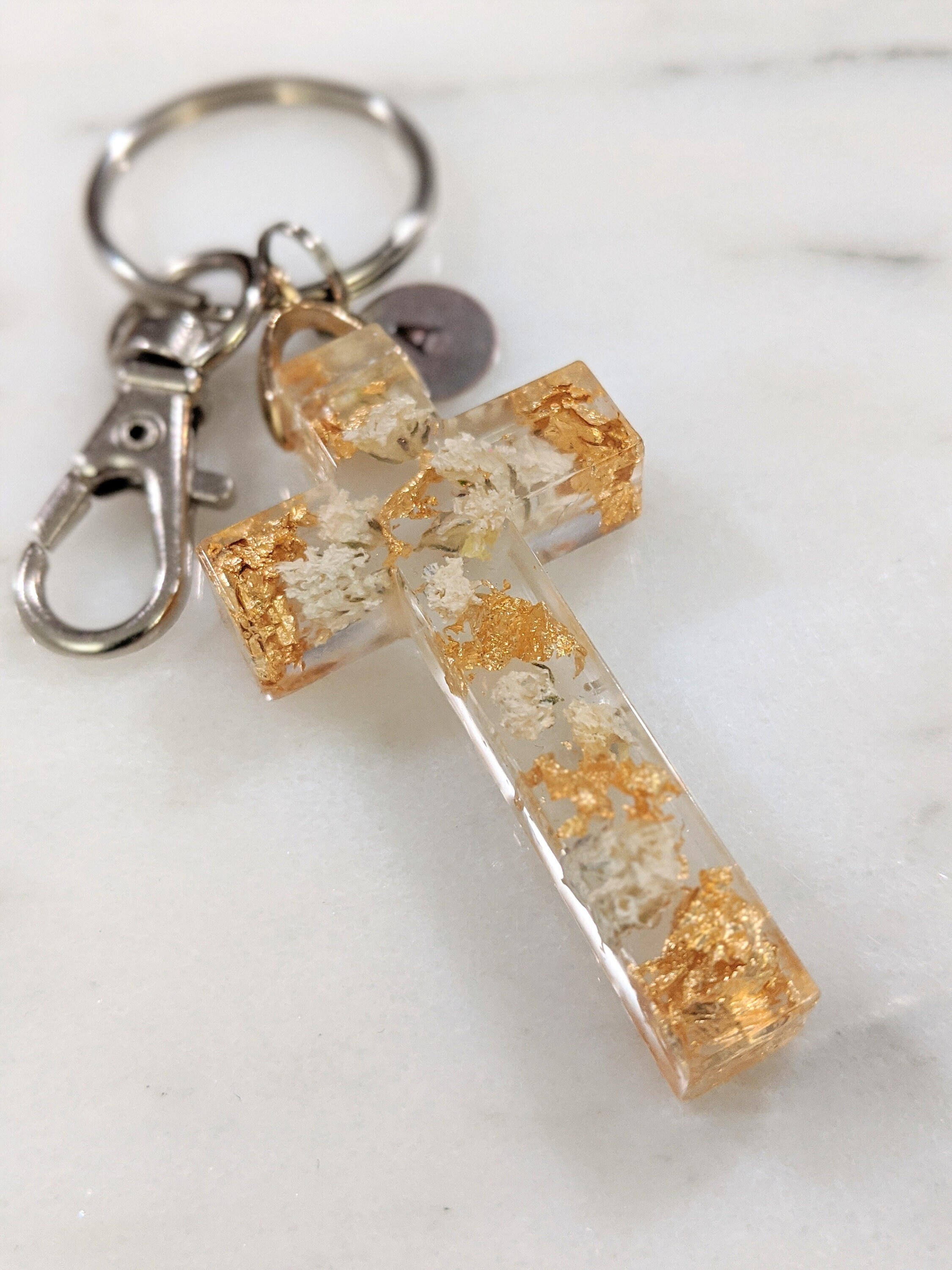 Resin Real Flower Custom Initial Cross Keychain personalized | Etsy