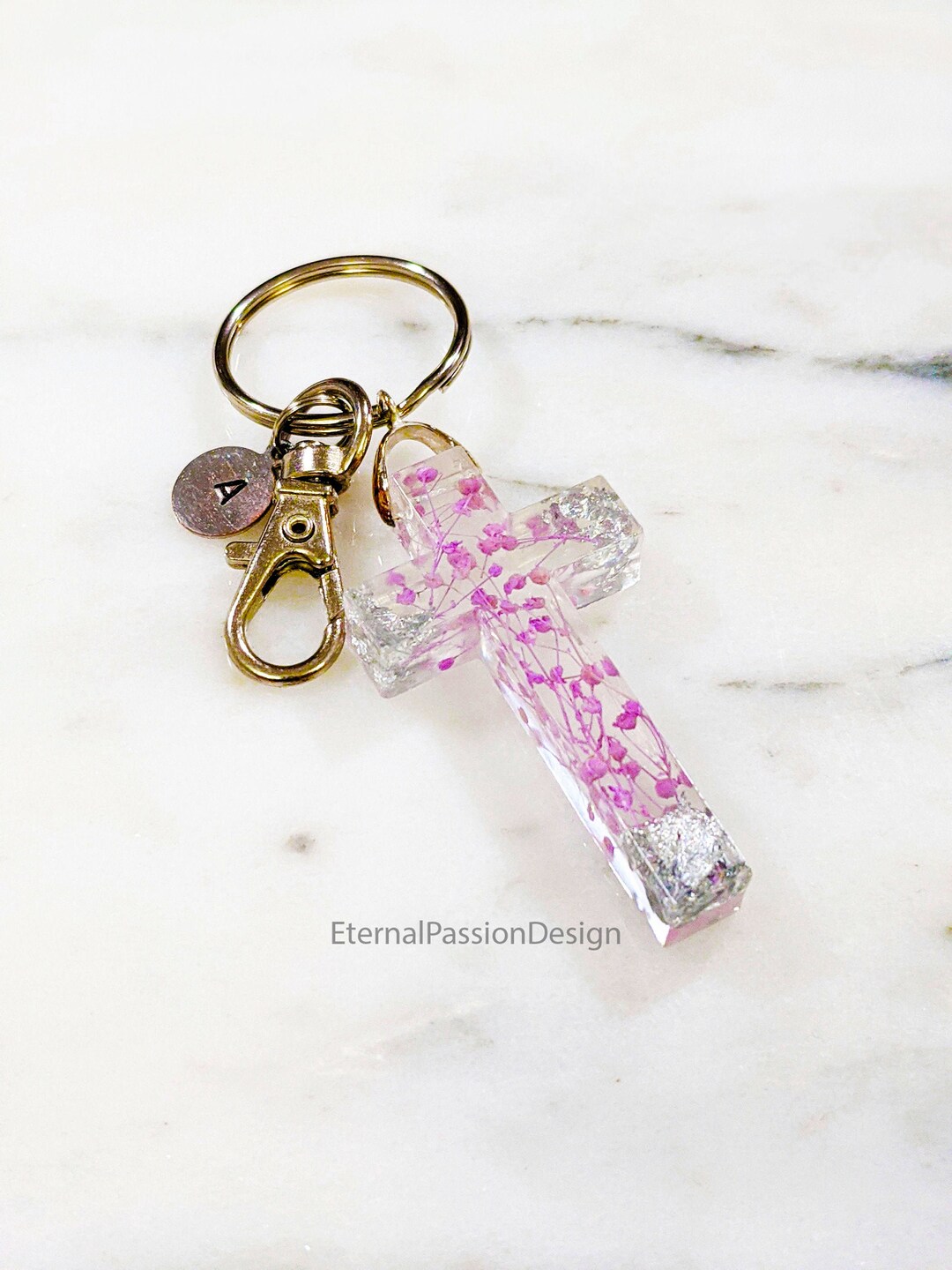 Purple Flower Resin Cross Keychain: Personalized Initial Tag - Etsy