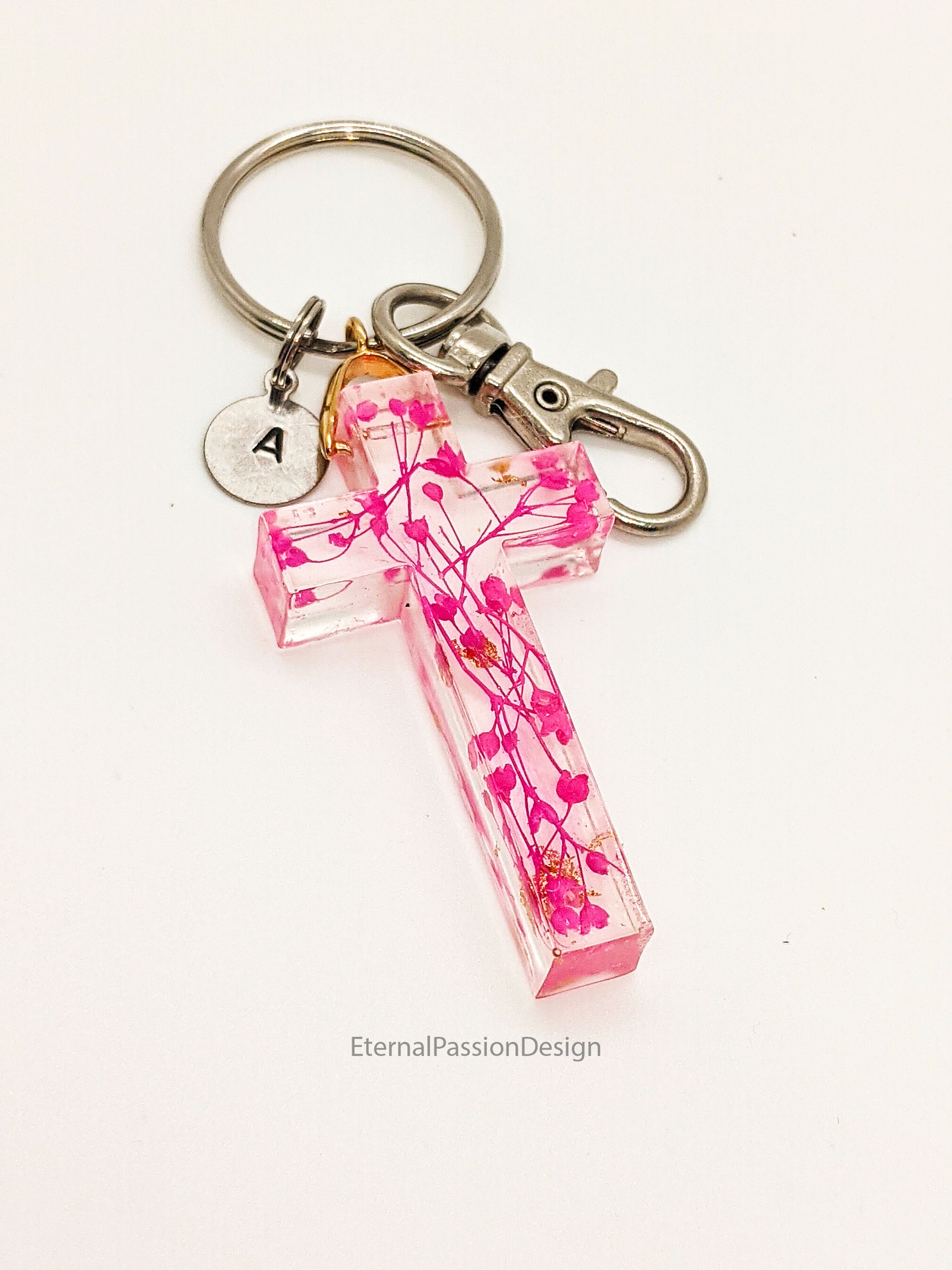 Pink Flower Resin Custom Initial Keychain Cross Unique | Etsy