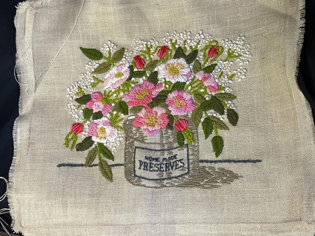 SALE! Vintage Needlepoint Bouquet of Flowers in A Jelly Jar -unframed ...