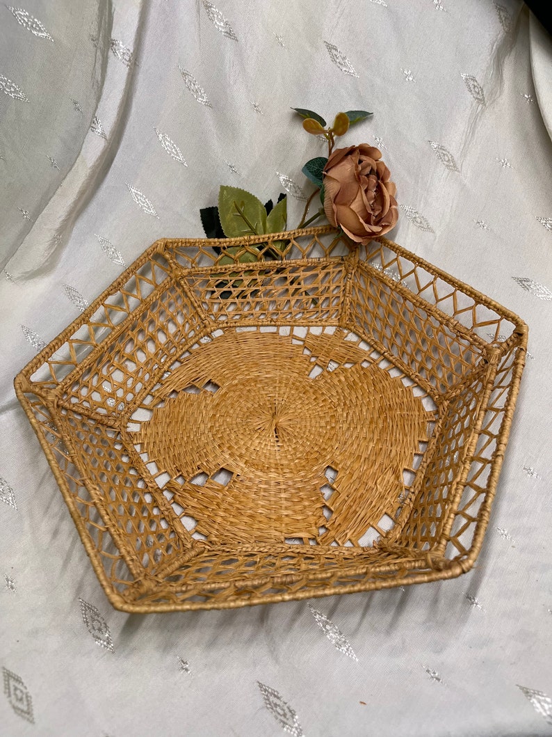Vintage Tightly Woven Bamboo Hexagon Shaped Basket With Geometric ...