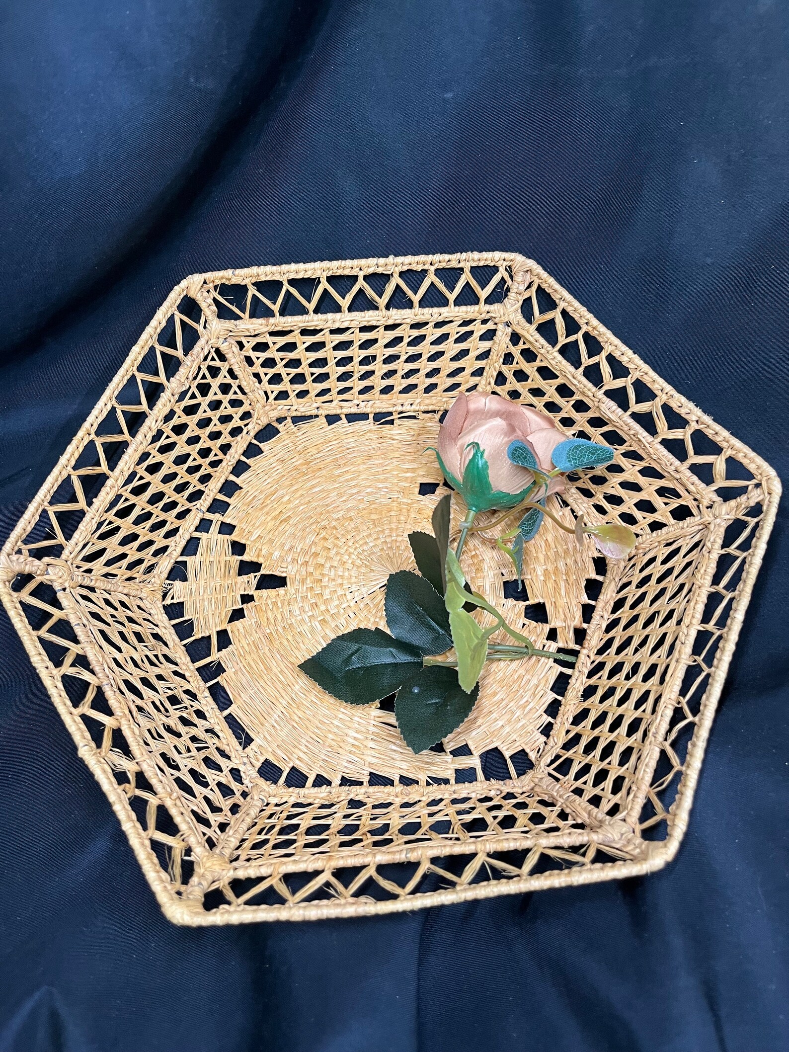 Vintage Tightly Woven Bamboo Hexagon Shaped Basket With Geometric ...