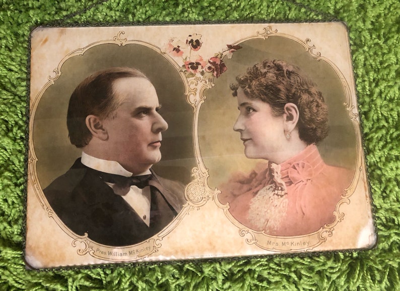 RARE Antique President & Mrs. Mckinley Photo Under Glass ;1896 Colored ...