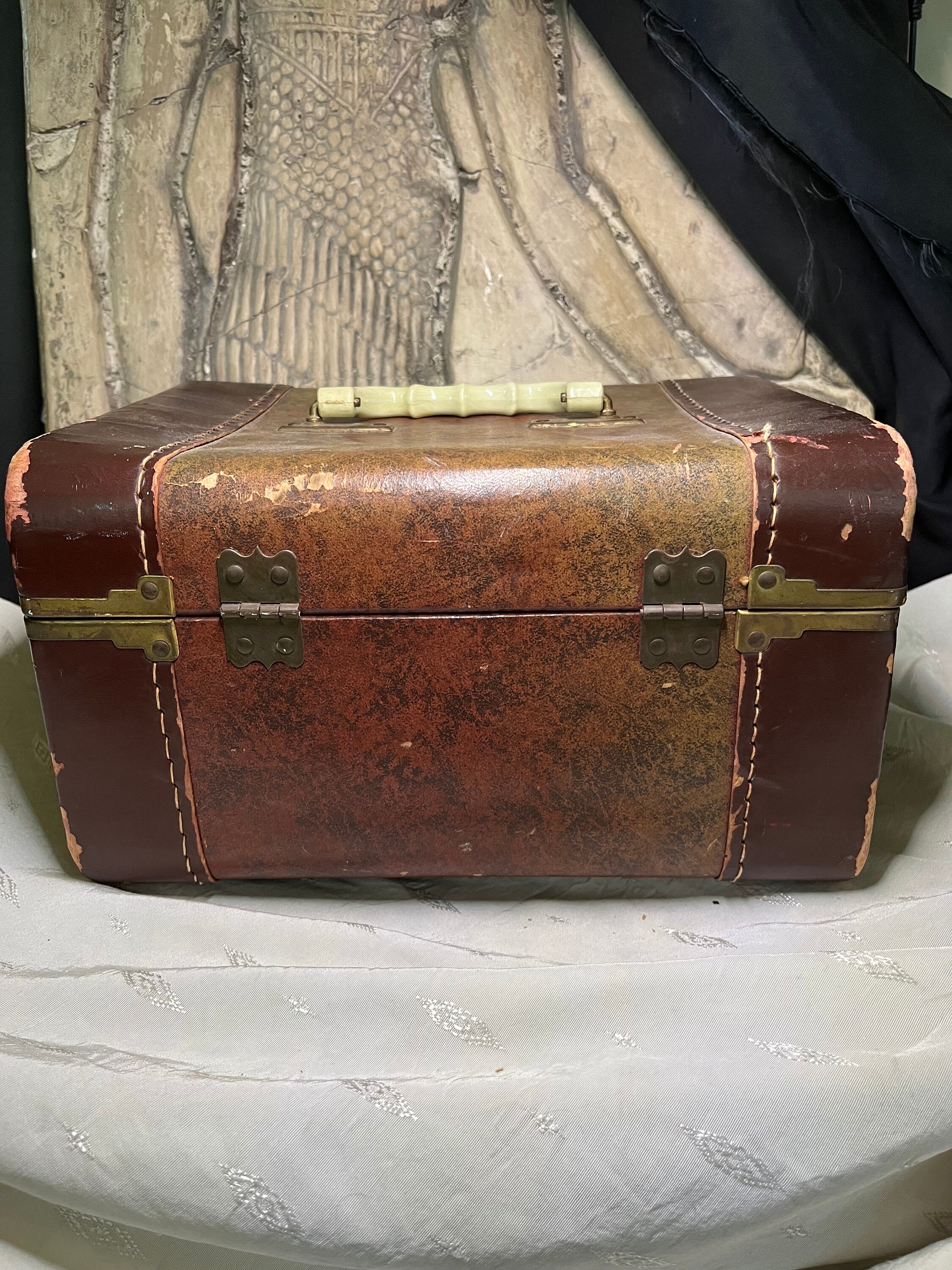 Vintage 1930s Pre WWII Leather Bound Square Hard Shell Train Case ...