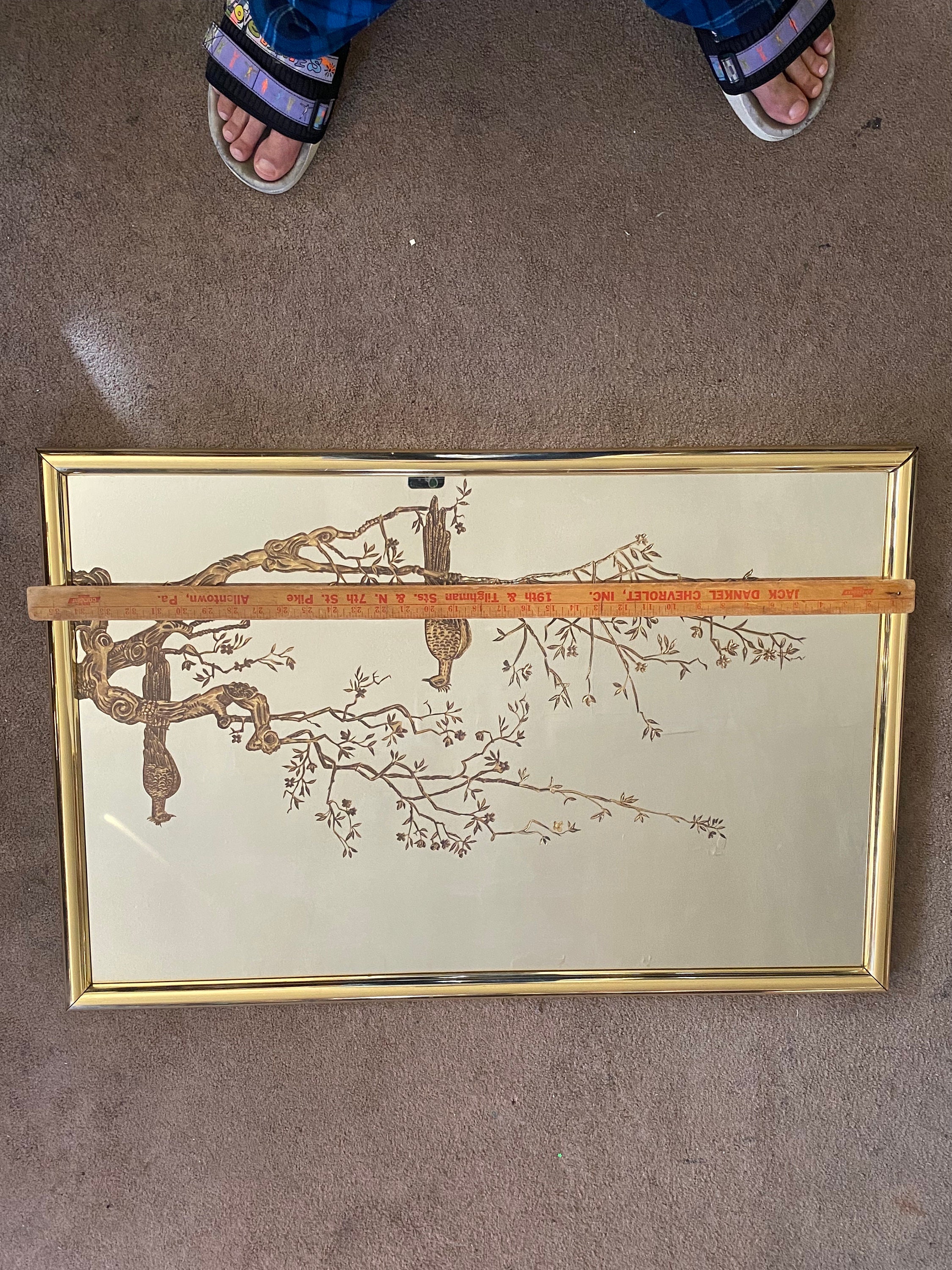 Vintage Oriental Asian Hollywood Regency Wall Mirror W Etched Gold Bird ...