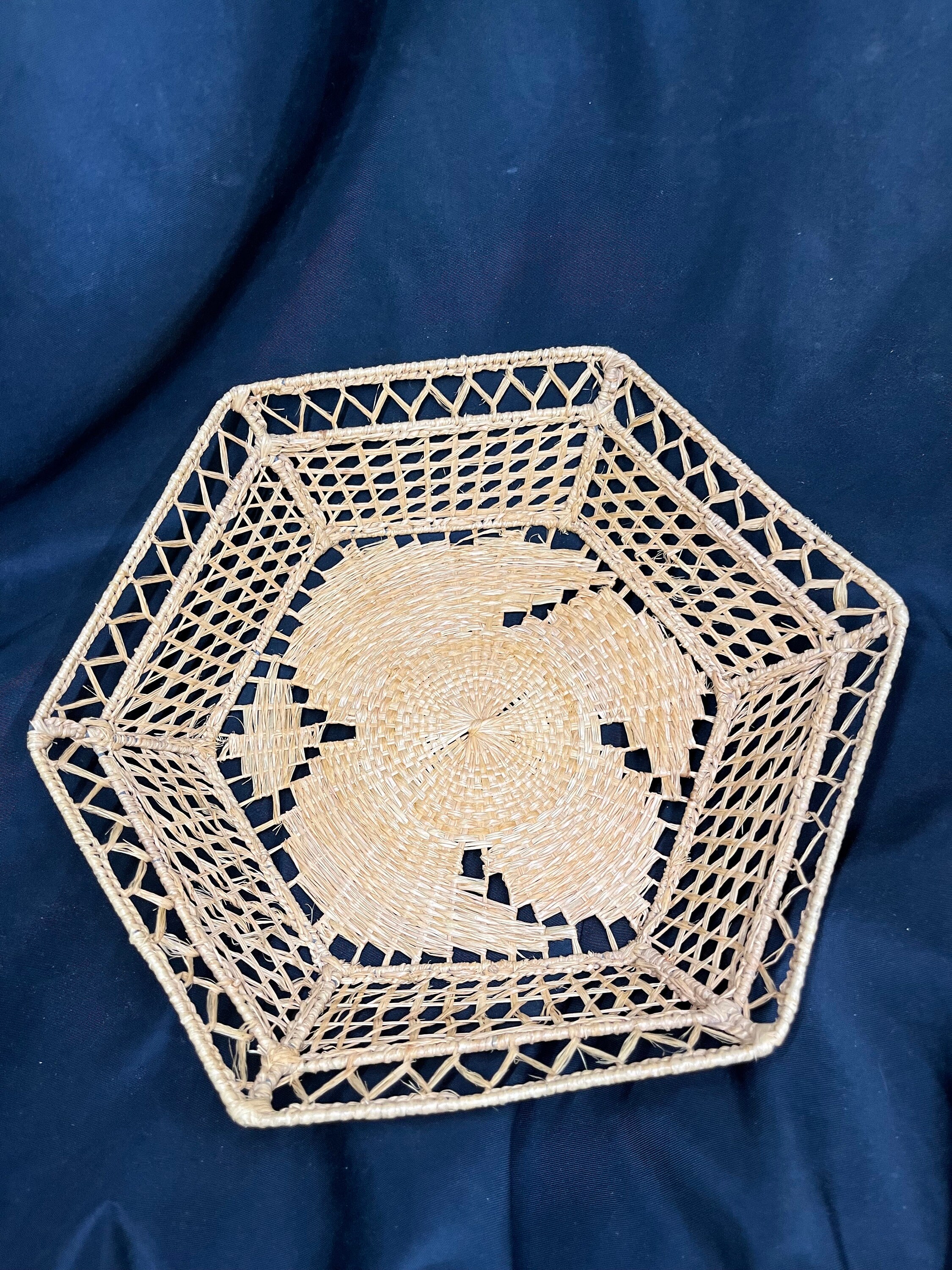 Vintage Tightly Woven Bamboo Hexagon Shaped Basket With Geometric ...