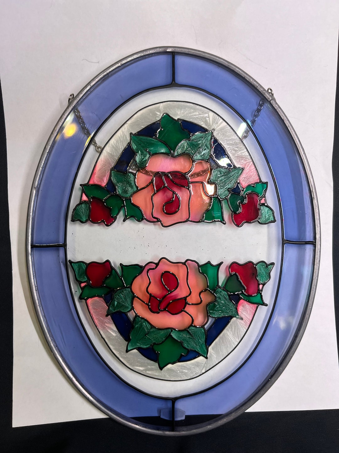 Vintage Leaded Stained Glass Oval Window Pane of Roses~ Window or Wall ...