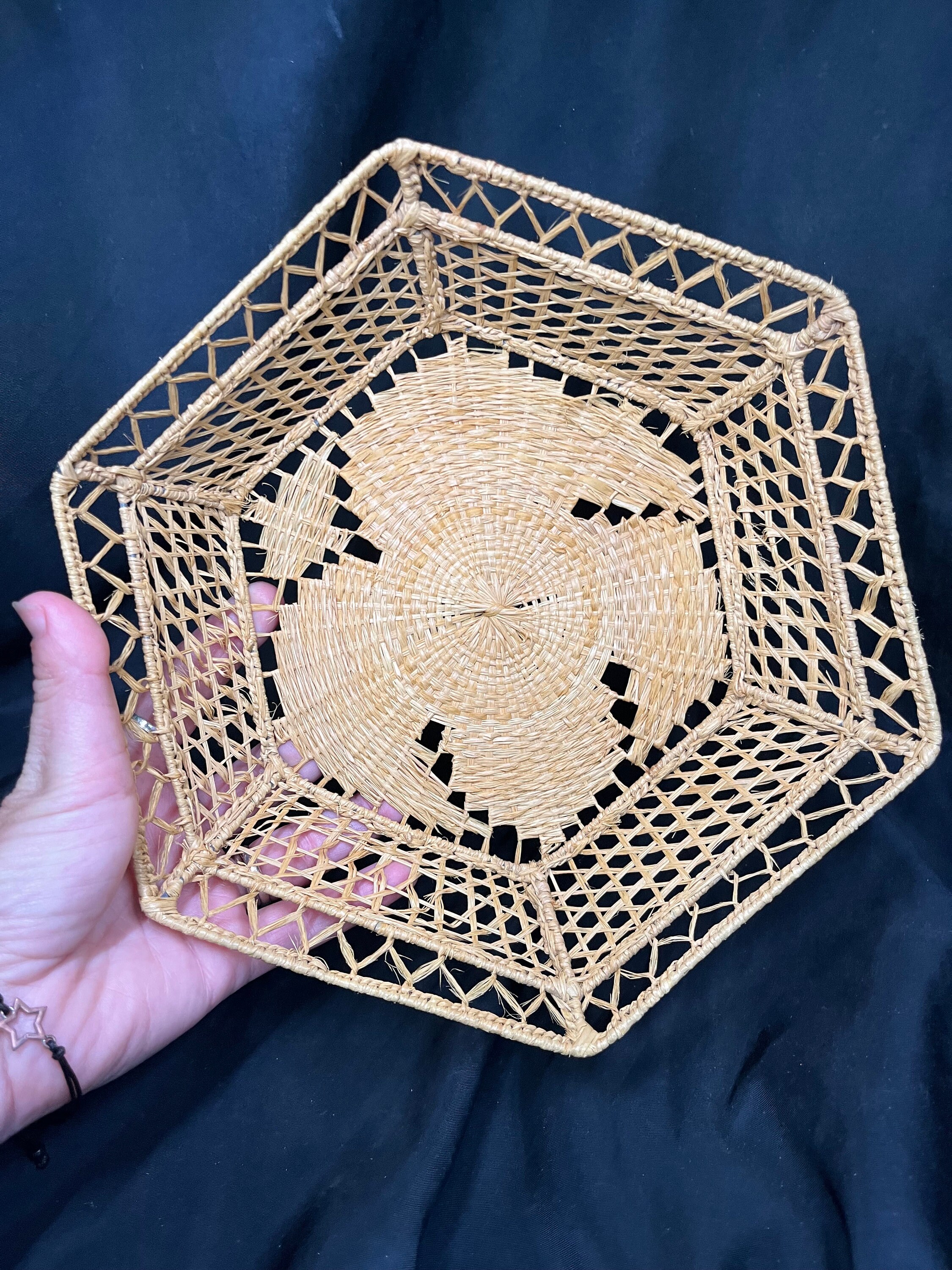 Vintage Tightly Woven Bamboo Hexagon Shaped Basket With Geometric ...