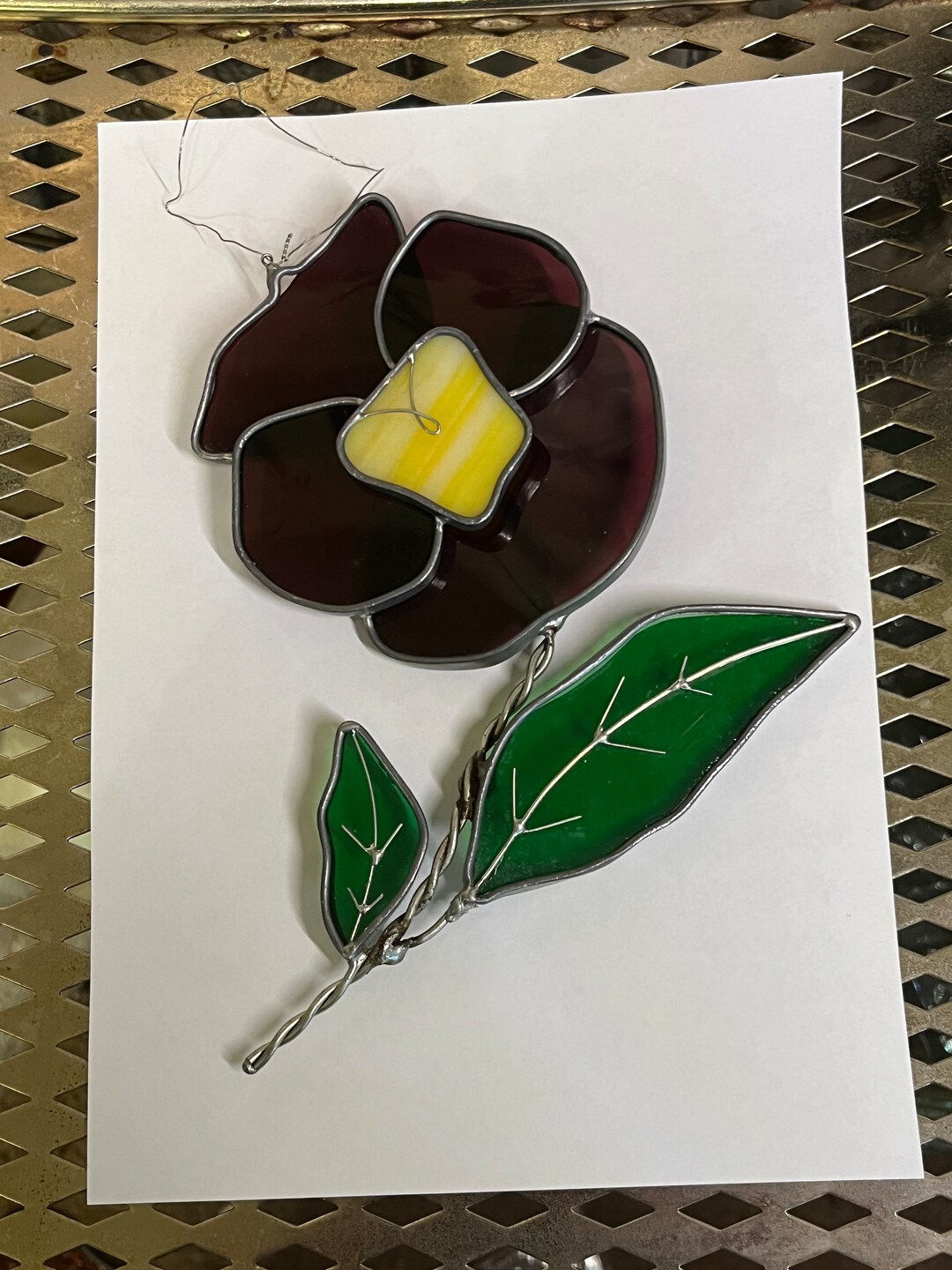 Vintage MCM Leaded Stained Glass Purple Pansy With Stem & Leaves ...