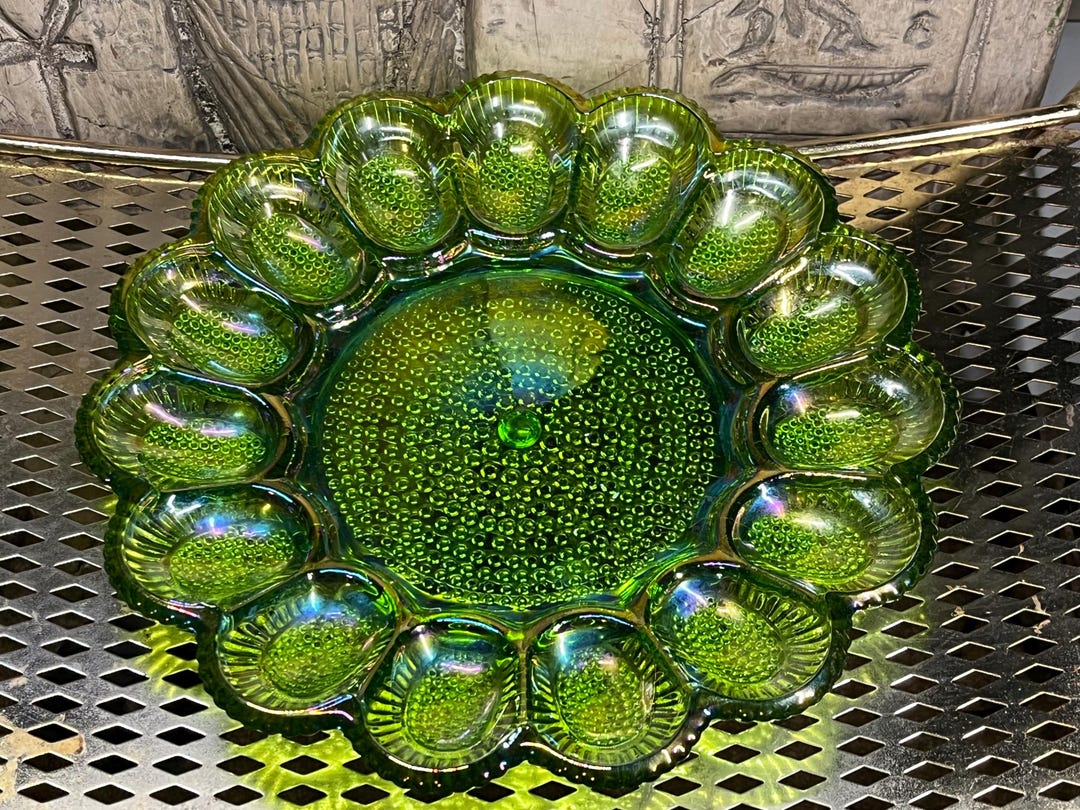 Vintage Indiana Glass Co Iridescent Lime Green Carnival Glass Deviled ...