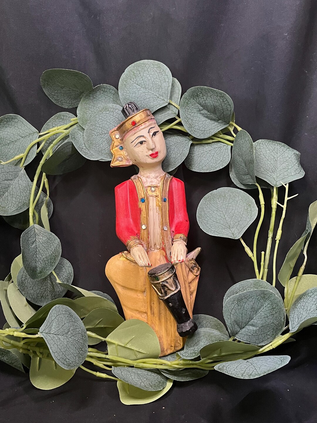 Vintage 10” Asian Thai Hand Carved, Painted,& Embellished Drummer Boy ...