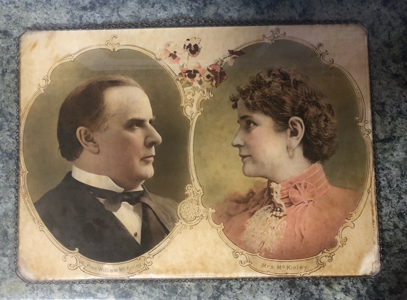 RARE Antique President & Mrs. Mckinley Photo Under Glass ;1896 Colored ...