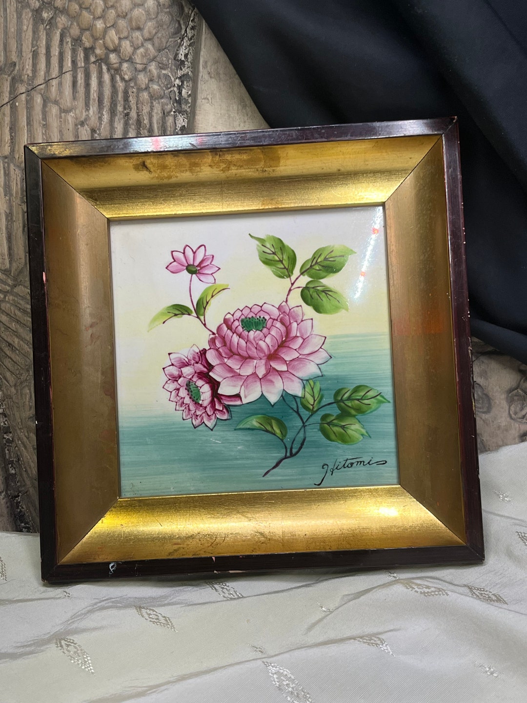 Vintage Hand Painted Lotus Flower Tile Signed Hitomi - Japanese Art ...