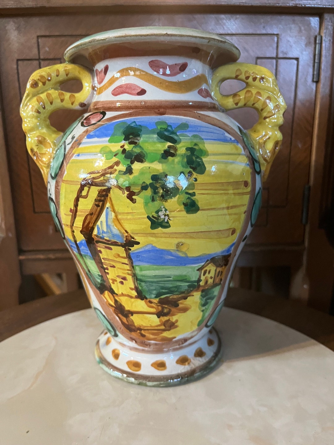 Vintage Signed Italian Countryside Hand Painted Majolica Vase W Handles ...