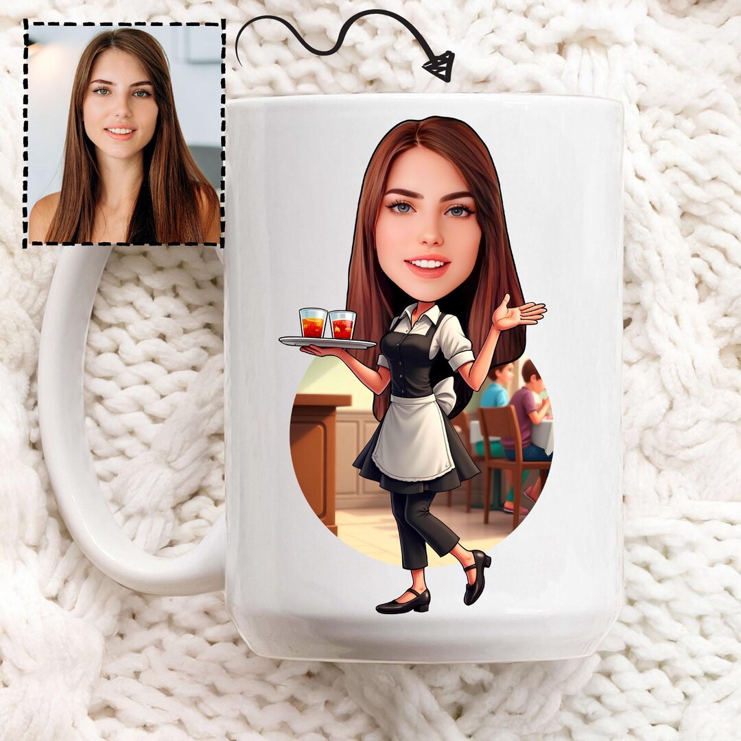 Custom Waitress Caricature Mug From Photo, Personalized Cartoon Mug ...