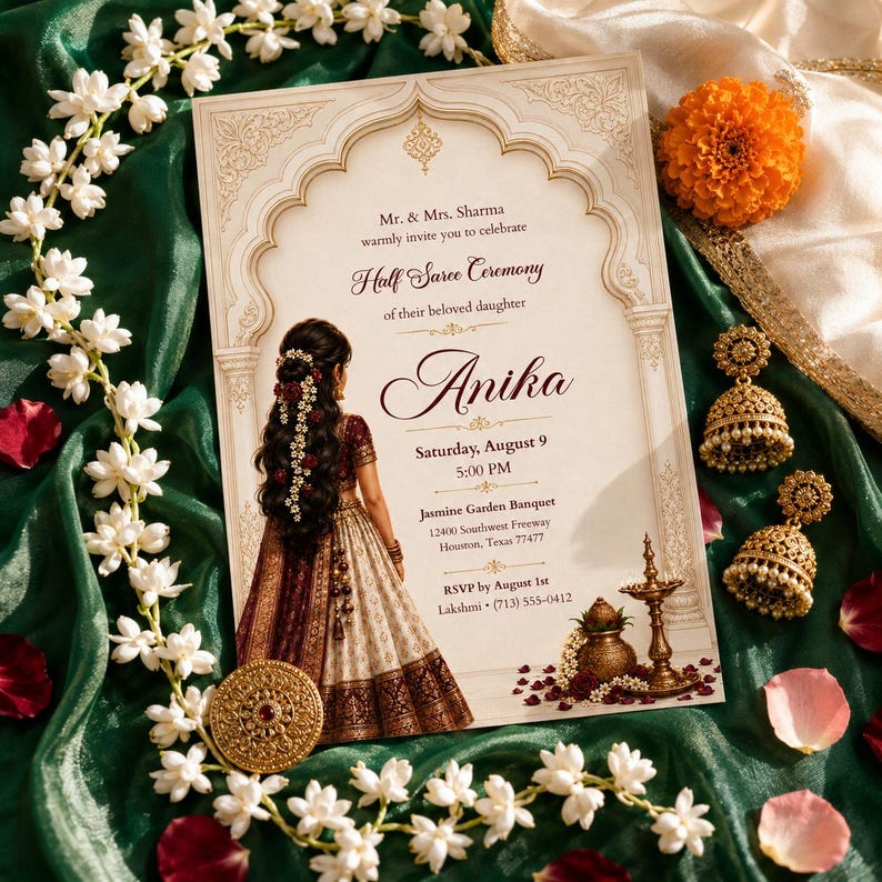 Half Saree Ceremony Invitation Template, Editable Langa Voni Invite ...