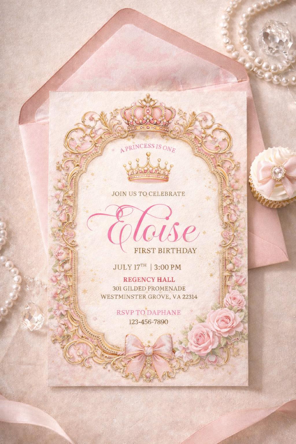 Princess First Birthday Invitation | Pink & Gold, Royal Theme (digital ...