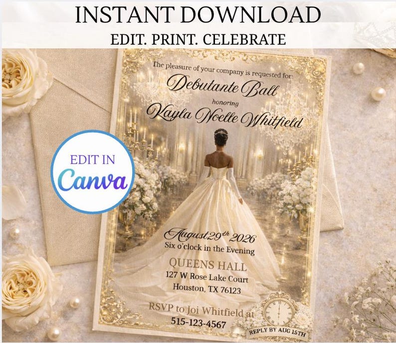 Luxury Debutante Ball Invitation Template, Ivory Gold Floral ...
