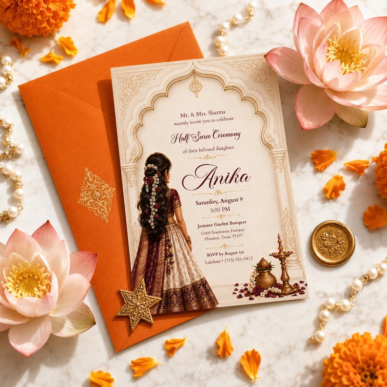 Half Saree Ceremony Invitation Template, Editable Langa Voni Invite ...