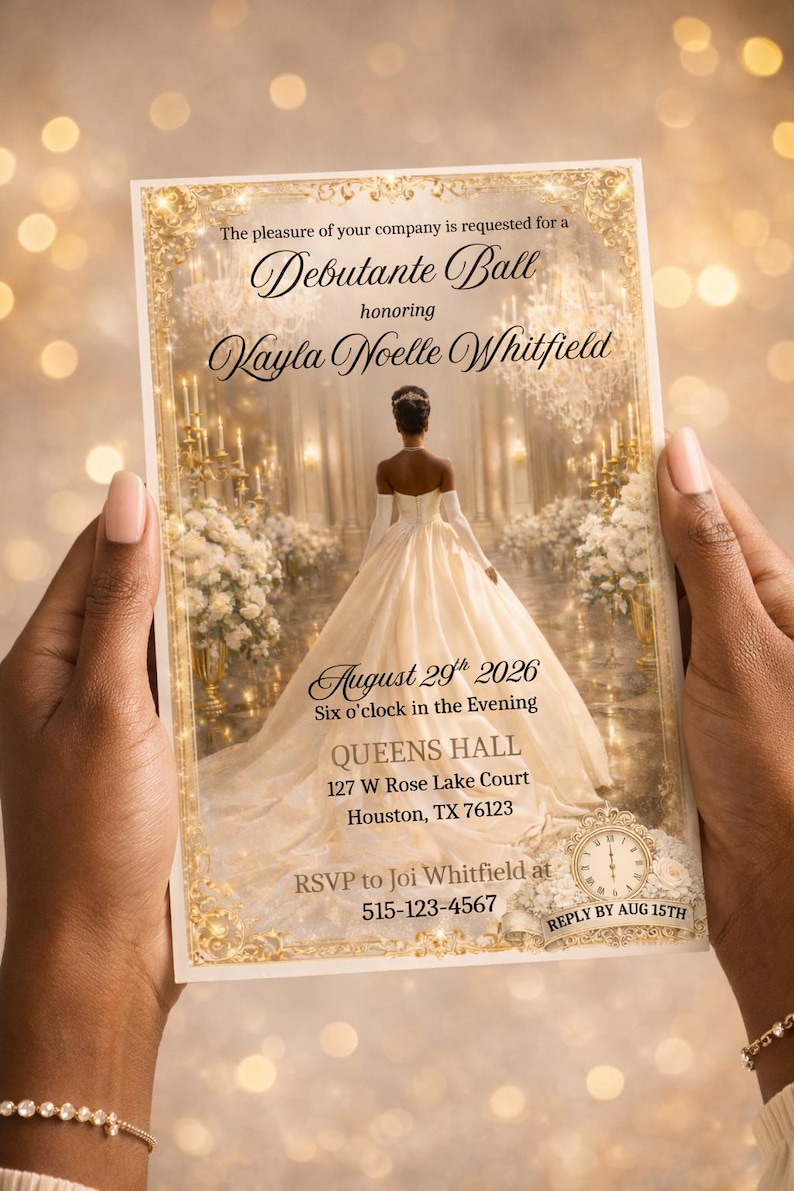 Luxury Debutante Ball Invitation Template, Ivory Gold Floral ...