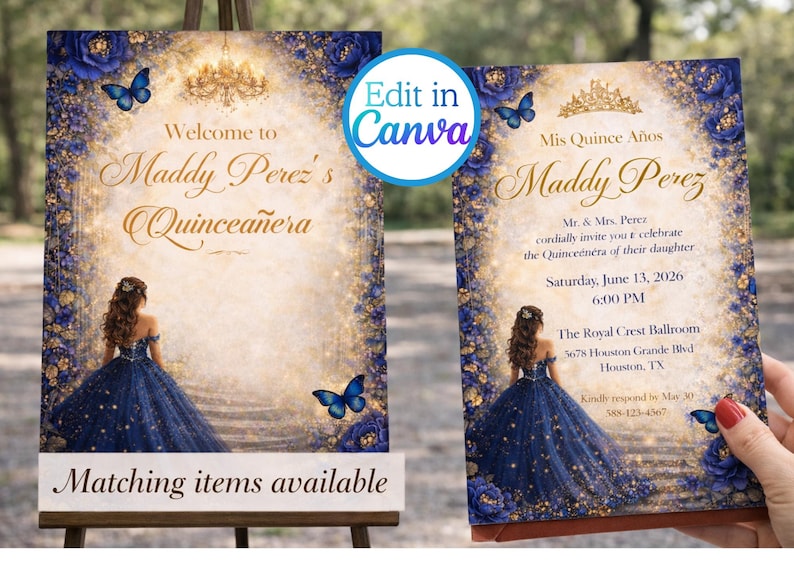 Royal Blue Quinceañera Invitation | Blue & Gold Butterfly Mis Quince ...