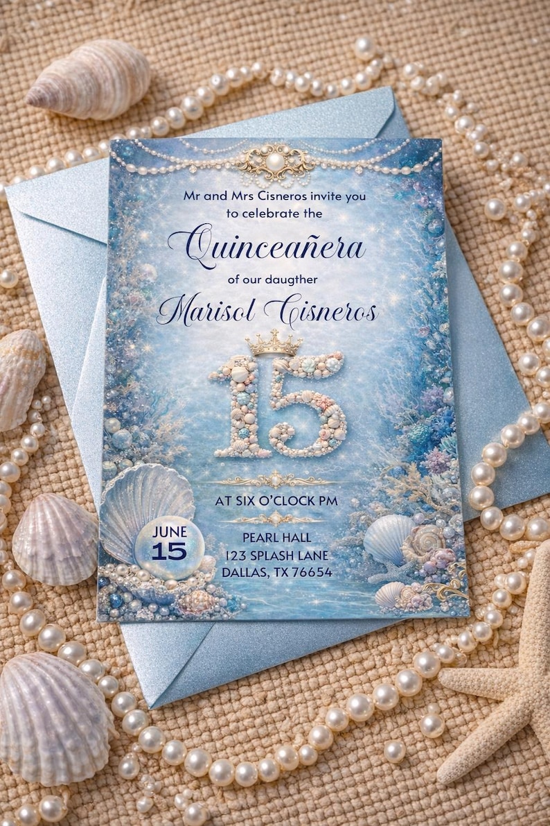 Elegant Mermaid Quinceañera Invitation | Under the Sea Pearl Quince ...