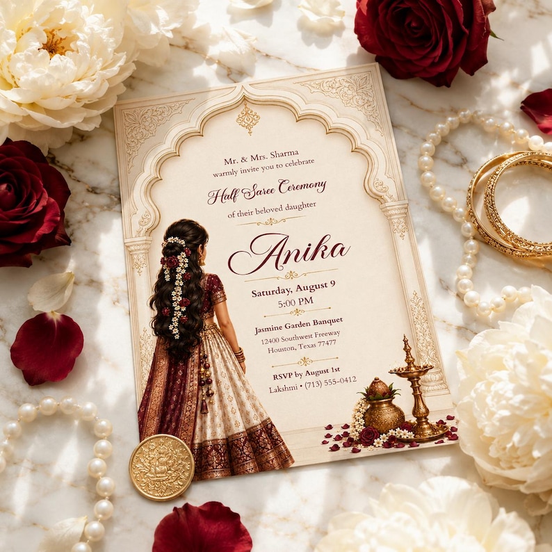 Half Saree Ceremony Invitation Template, Editable Langa Voni Invite ...