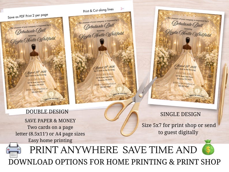 Luxury Debutante Ball Invitation Template, Ivory Gold Floral ...