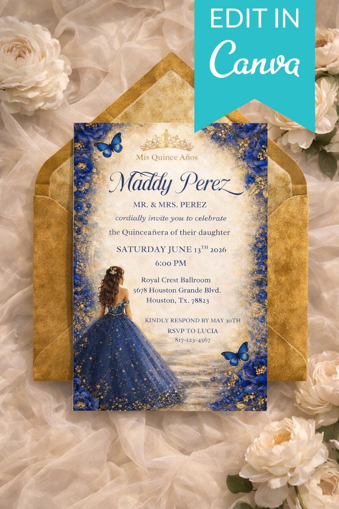 Royal Blue Quinceañera Invitation | Blue & Gold Butterfly Mis Quince ...