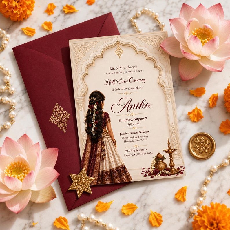 Half Saree Ceremony Invitation Template, Editable Langa Voni Invite ...