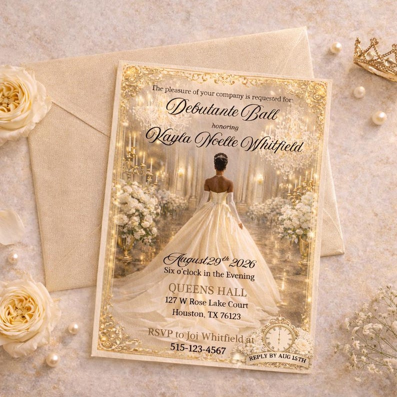 Luxury Debutante Ball Invitation Template, Ivory Gold Floral ...