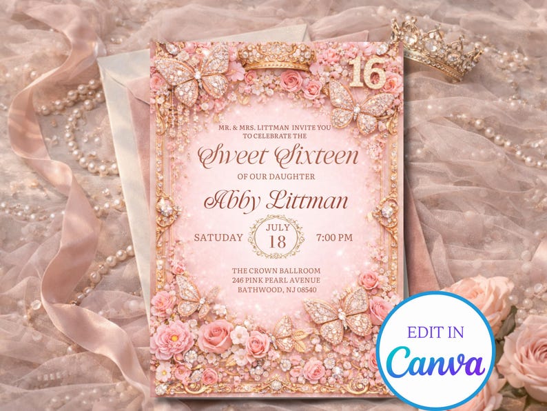 Sweet 16 Invitation Template Pink & Gold | Butterfly Crown Sweet ...