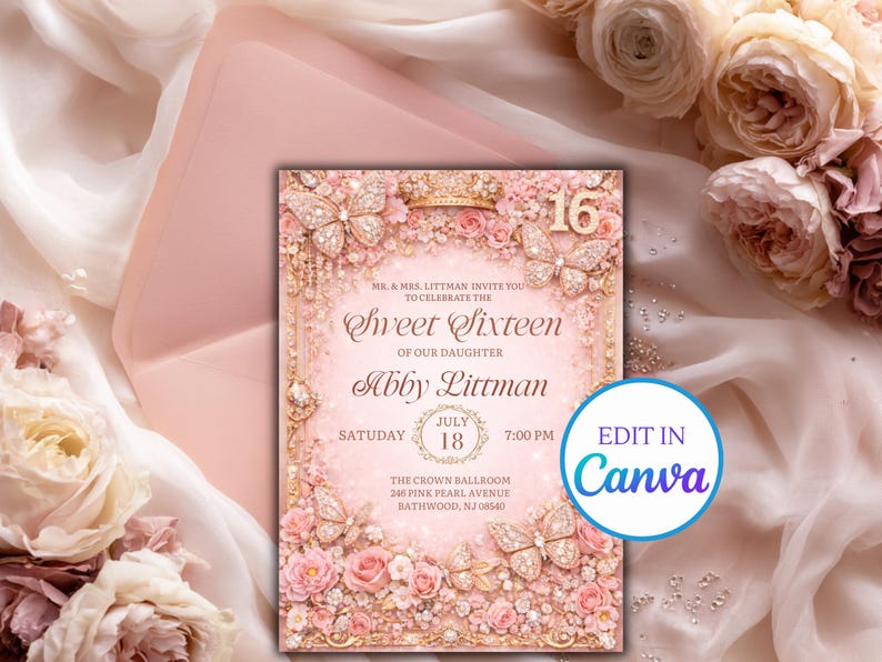 Sweet 16 Invitation Template Pink & Gold | Butterfly Crown Sweet ...