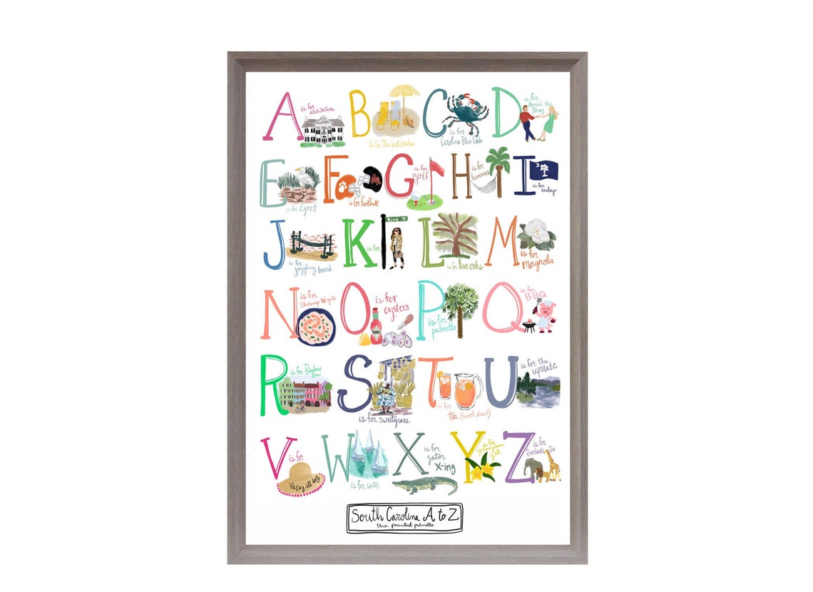 South Carolina A to Z Alphabet Art Watercolor Print | Etsy
