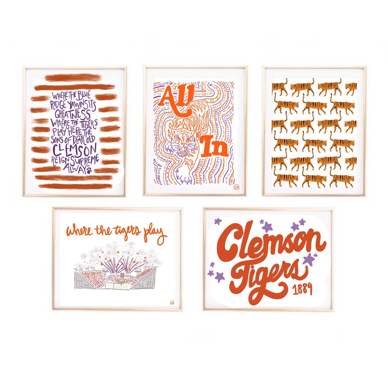 Clemson Tigers Art Prints Football Illustrated Watercolor Gallery Wall ...