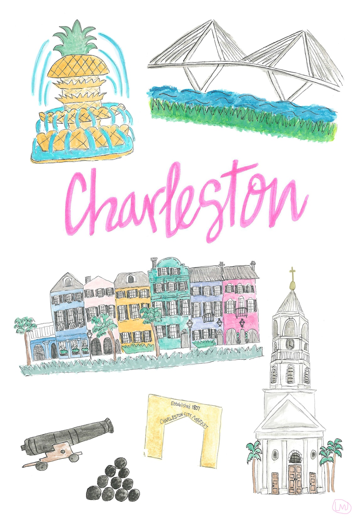 Charleston SC Map Landmark Print Illustrated Watercolor | Etsy