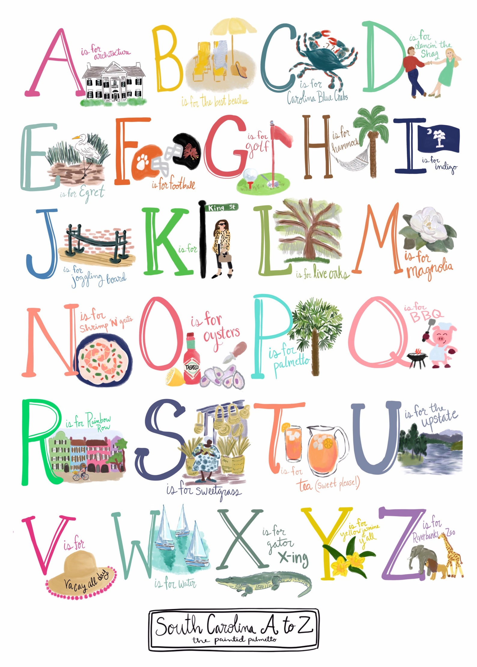 South Carolina A to Z Alphabet Art Watercolor Print - Etsy