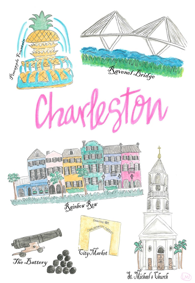 Charleston SC Map Landmark Print Illustrated Watercolor | Etsy