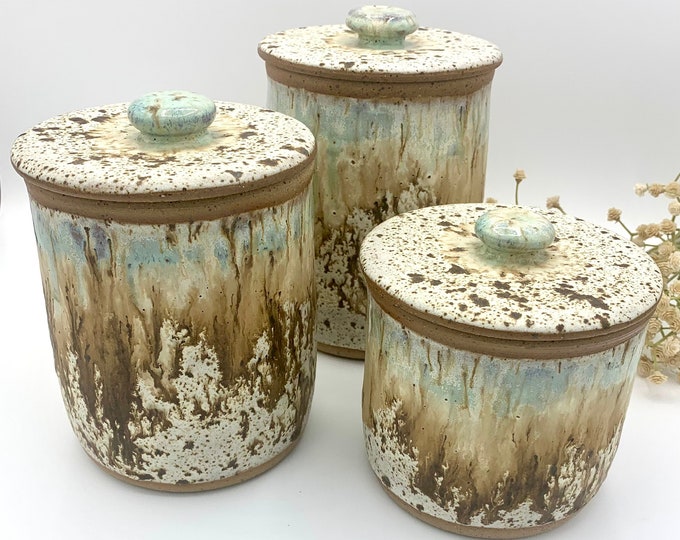 Pottery Canister Set of 3/ Handmade Stoneware Lidded Jars/ Kitchen ...