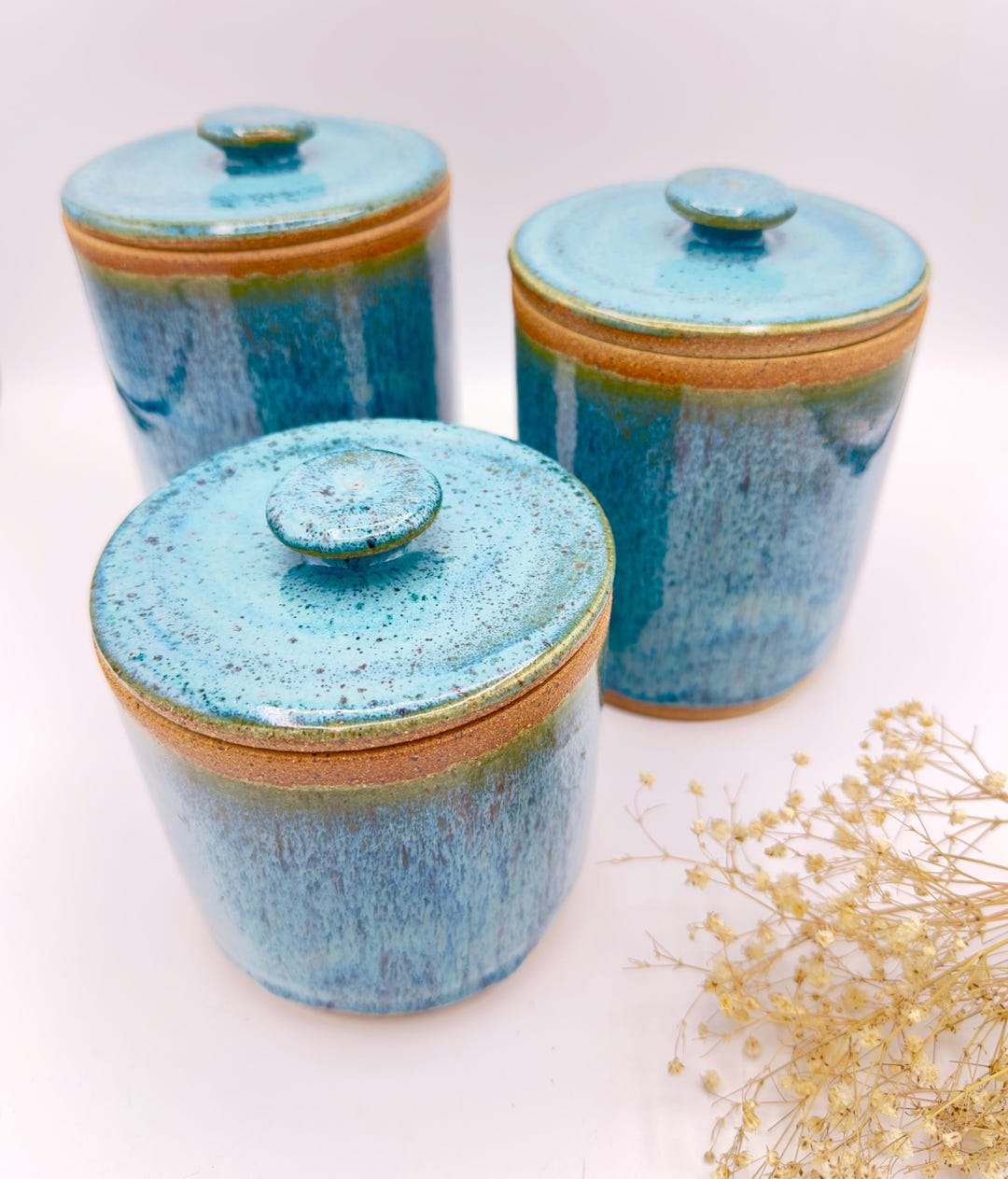 Pottery Canister Set of 3/ Handmade Stoneware Lidded Jars/ Kitchen ...