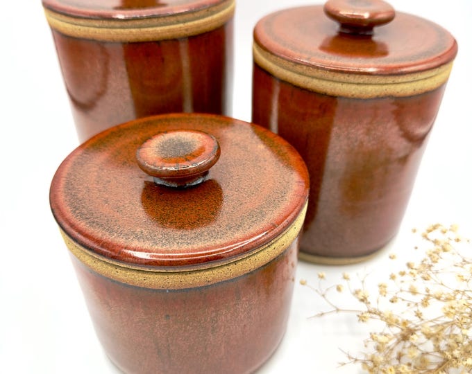 Pottery Canister Set of 3/ Handmade Stoneware Lidded Jars/ Kitchen ...
