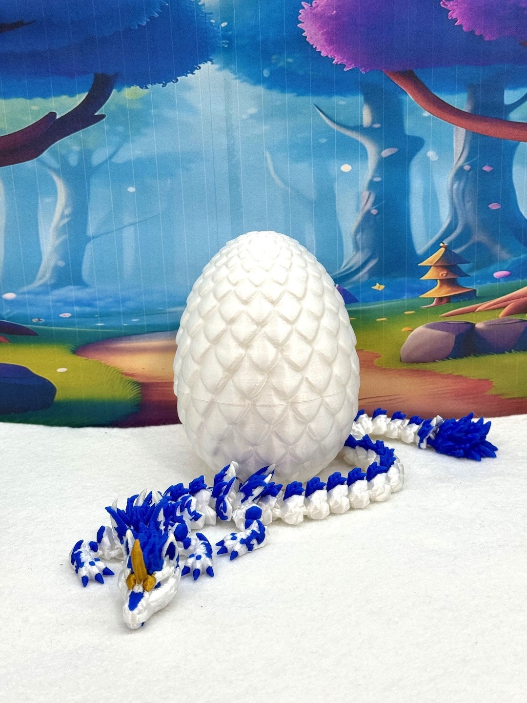 3D Printed Unicorn Dragon With Dragon Egg, Articulated White & Blue ...