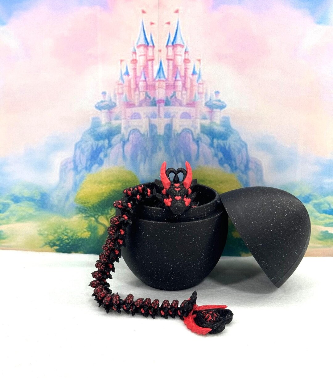 3D Printed Dragon With Dragon Egg, Articulated Black and Red Heart ...