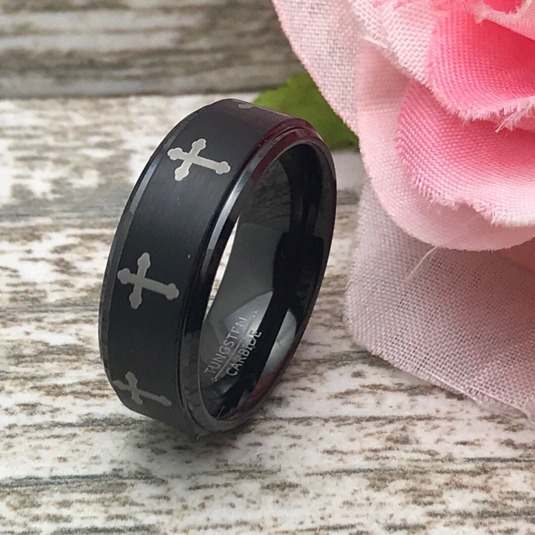 Men's Black Tungsten Cross Ring Personalized Tungsten - Etsy