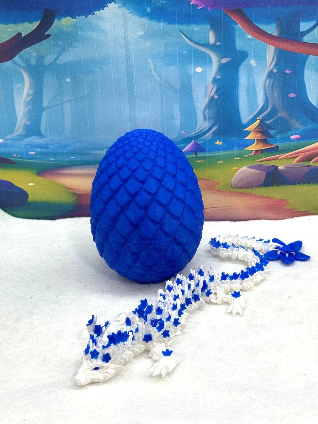 3D Printed Unicorn Dragon With Dragon Egg, Articulated White & Blue ...