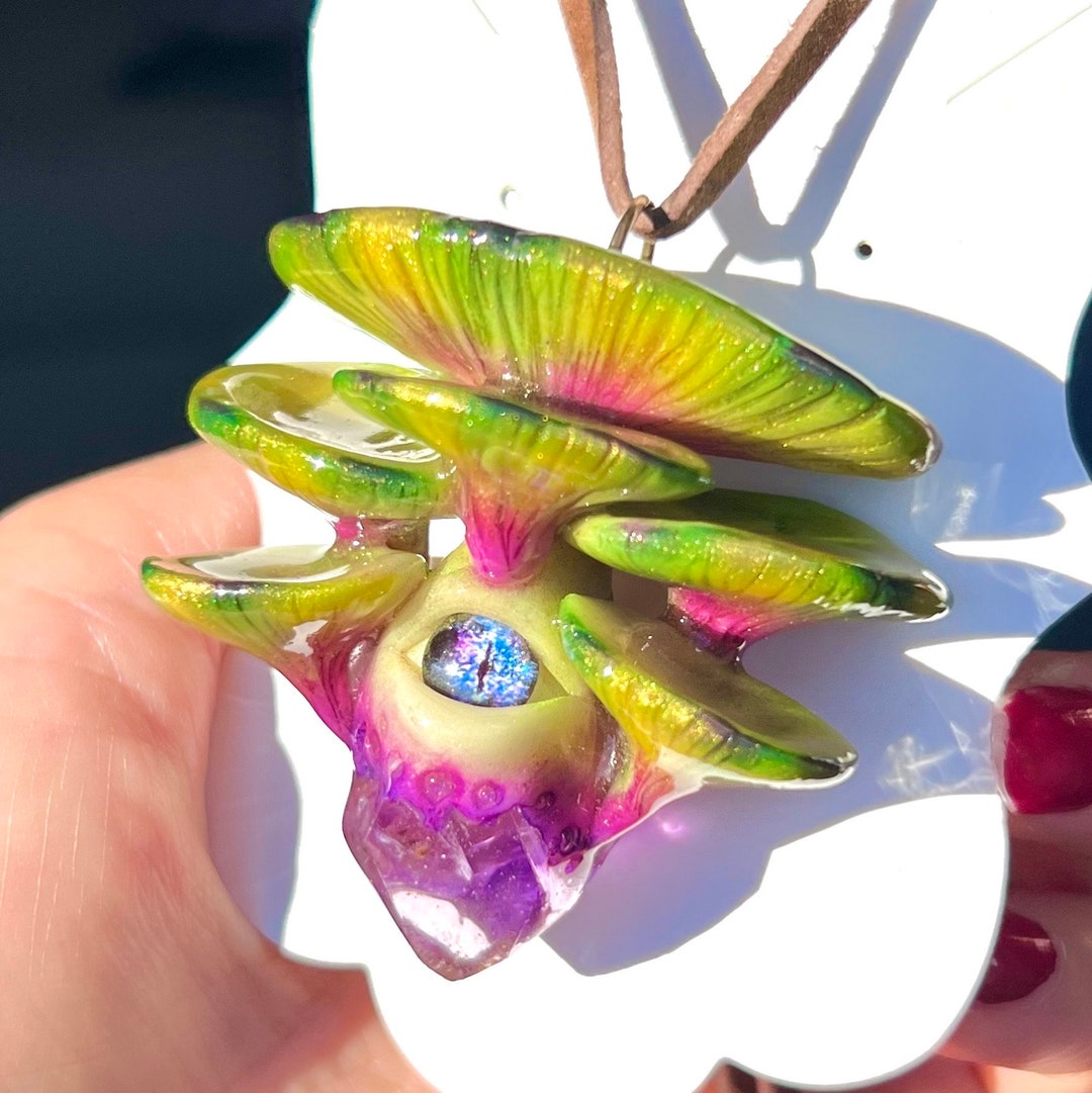 Protection Amulet Shimmery Gold Earthy Oyster Amethyst Mushroom Pendant ...