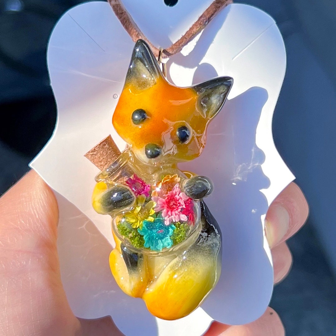 Hand Sculpted Fox Necklace: Flower Spell Bottle Pendant, Adjustable ...